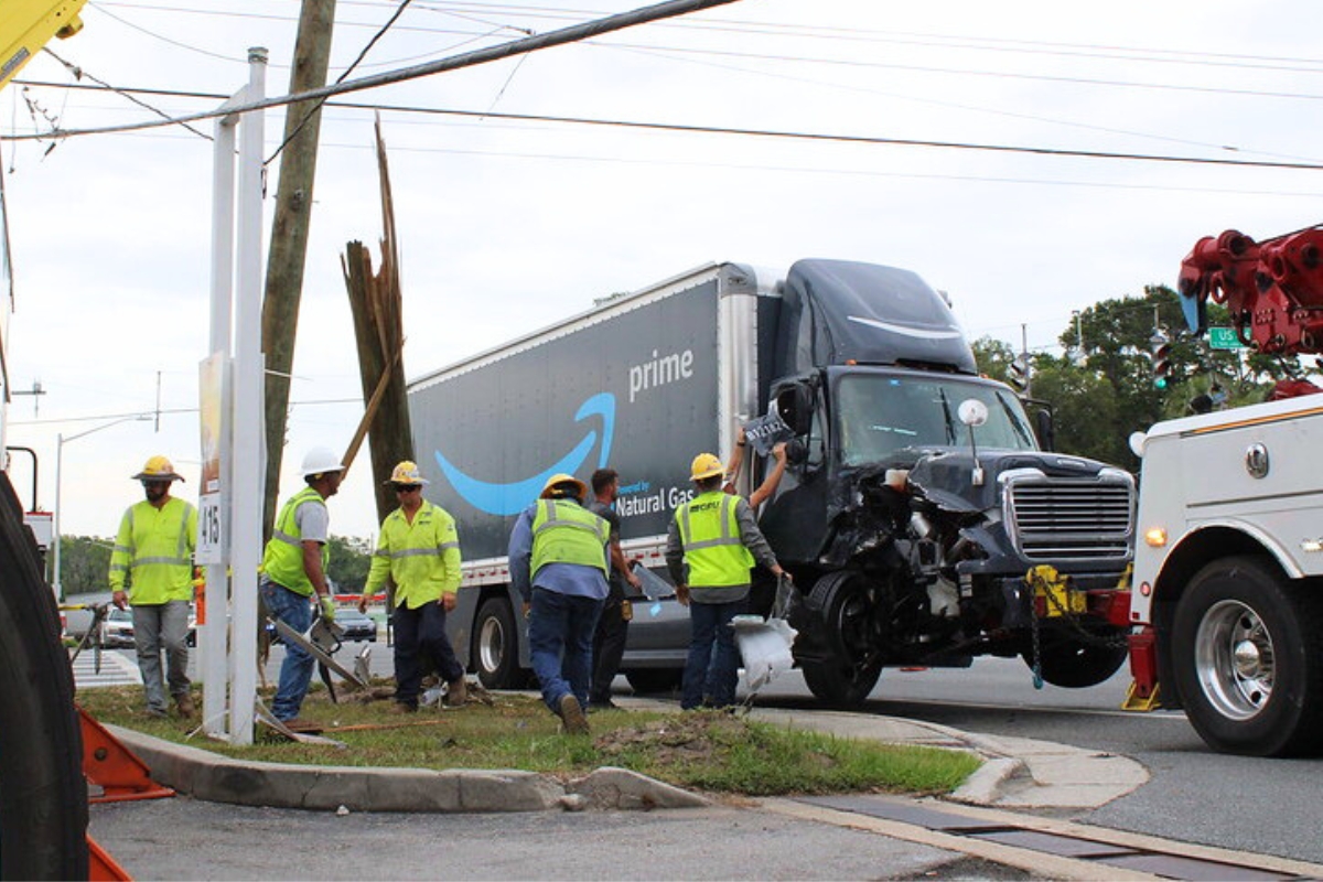 Amazon truck crashes into utility pole
