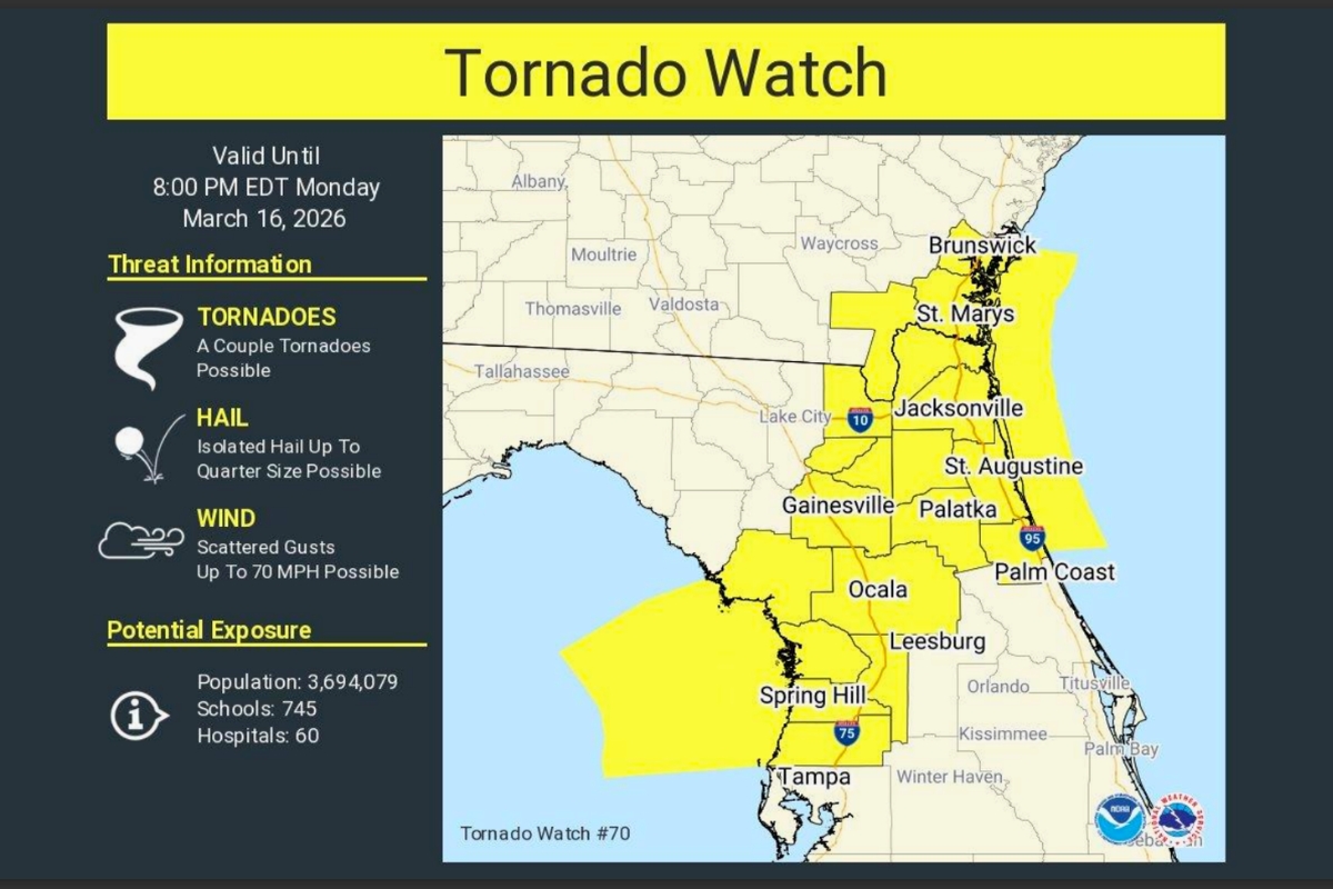 Tornado watch issued for Alachua County, North Central Florida